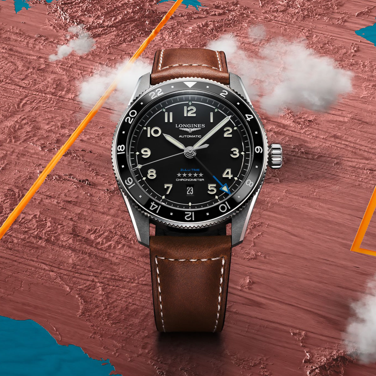 Longines - Spirit Zulu Time GMT 42 mm Black Dial Automatic Leather - L ...